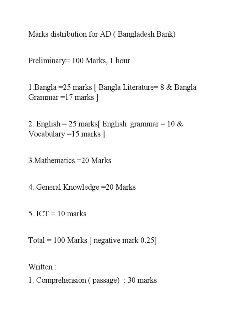 Bangladesh Bank AD Exam Marks Distribution | PDF