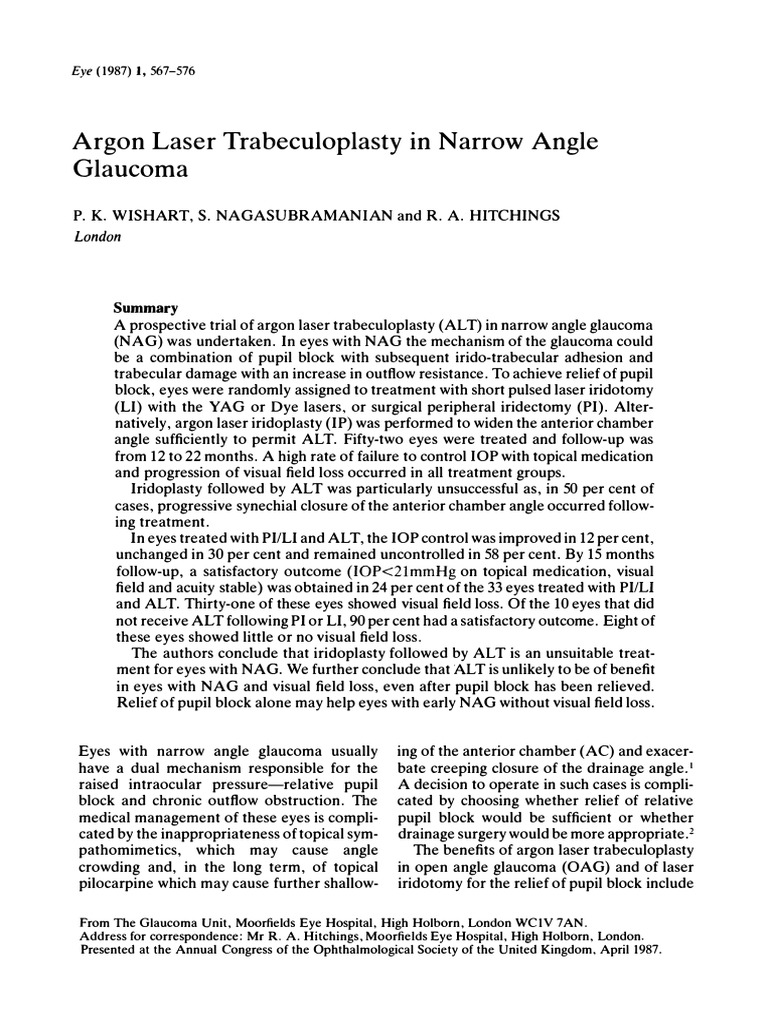 Argon Laser Trabeculoplasty in Narrow Angle Glaucoma | PDF | Glaucoma ...