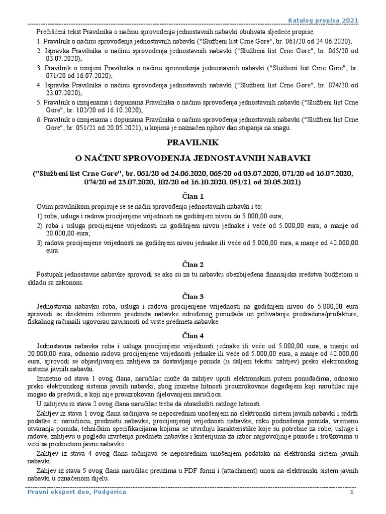 Pravilnik o Nacinu Sprovodjenja Jednostavnih Nabavki | PDF