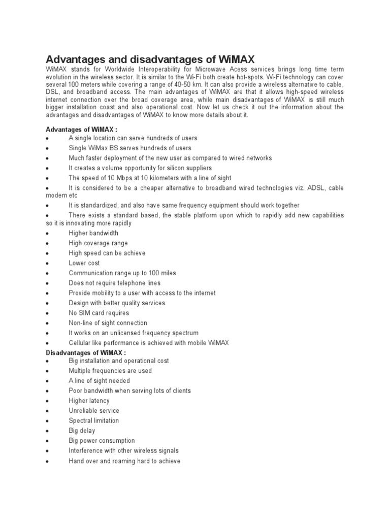 Advantages and Disadvantages of WiMAX | PDF | Wi Max | Internet Access