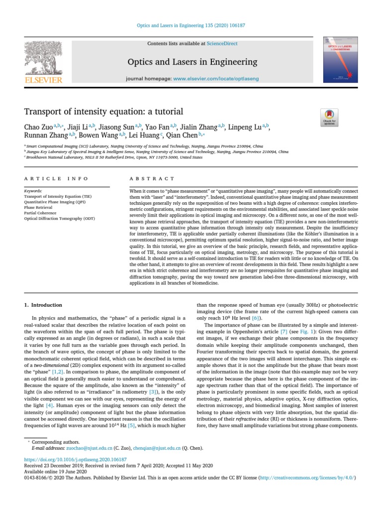Transport of Intensity Equation A Tutorial | PDF | Interferometry | Microscopy