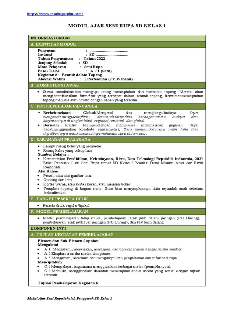 Modul Ajar Seni Rupa Kelas 1 Kegiatan 6 | PDF | Karier & Perkembangan