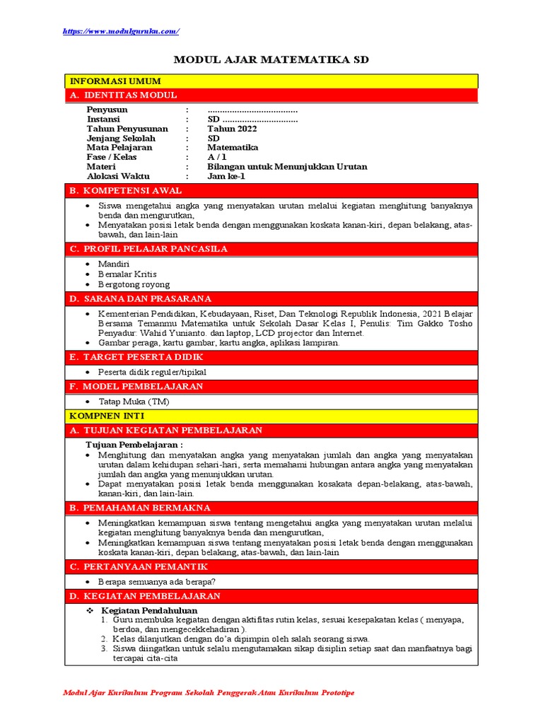 Modul Ajar Matematika Kelas 1 Fase A Kurikulum Merdeka | PDF