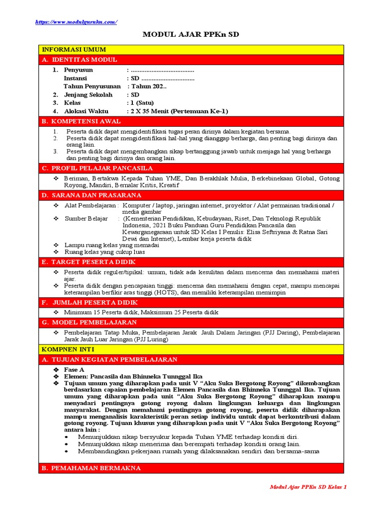 Modul Ajar PPKN BAB 5 Kelas 1 | PDF
