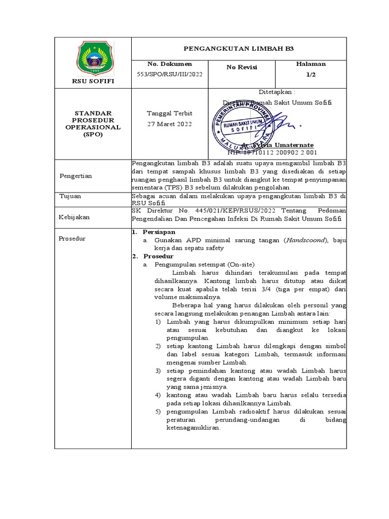 Prosedur Limbah B3 RSU Sofifi | PDF