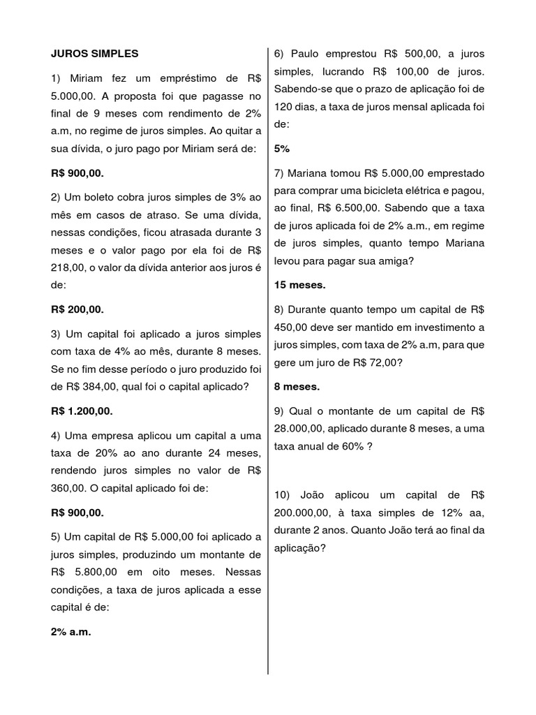 Atividades Juros Simples | PDF | Juros | Dívida