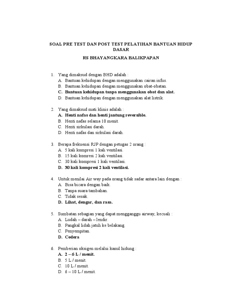 Soal Pre Test Dan Post Test Pelatihan Bantuan Hidup Dasar | PDF
