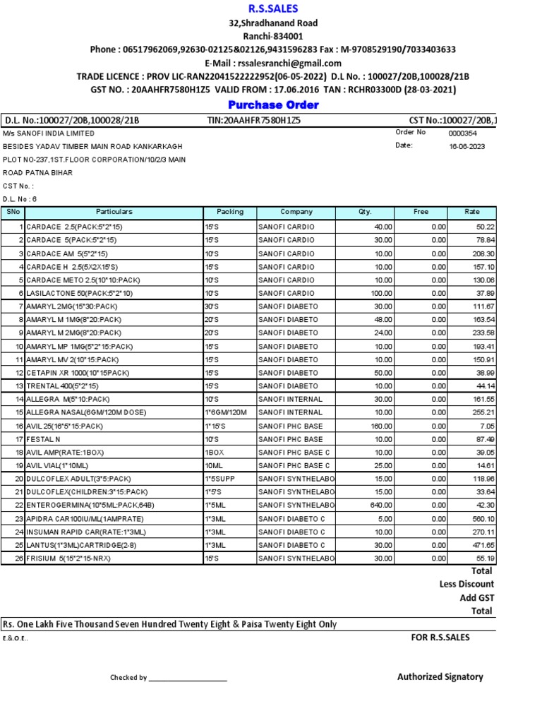 Sanofi Pharma Order Details | PDF | Sanofi
