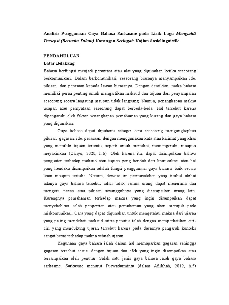 Analisis Penggunaan Gaya Bahasa Sarkasme Pada Lirik Lagu | PDF Analisis Penggunaan Gaya Bahasa Sarkasme Pada Lirik Lagu | PDF