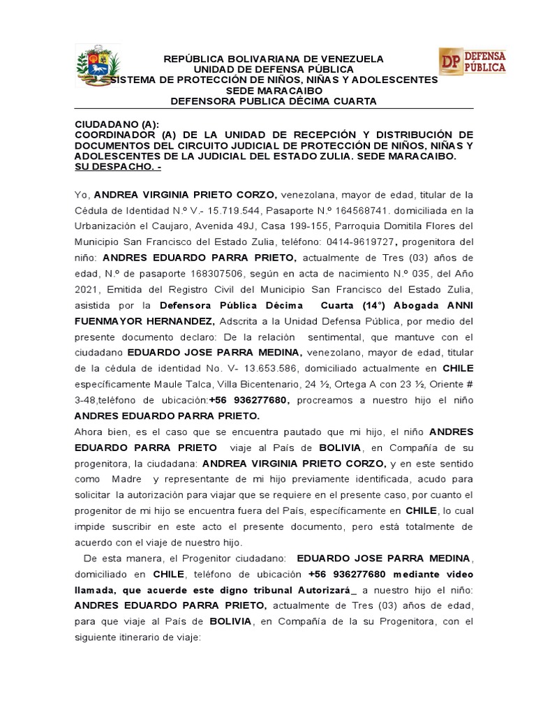 Autorizacion para Viajar Andrea Virginia Prieto Corzo | PDF | Gobierno