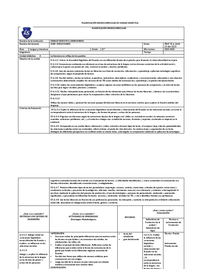 Planificación de Unidad IV LL-8vo | PDF | Aprendizaje | Verbo
