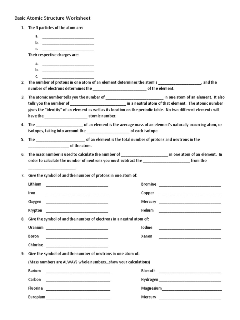 Basic Atomic Structure WS 1 | PDF | Chemical Elements | Atoms