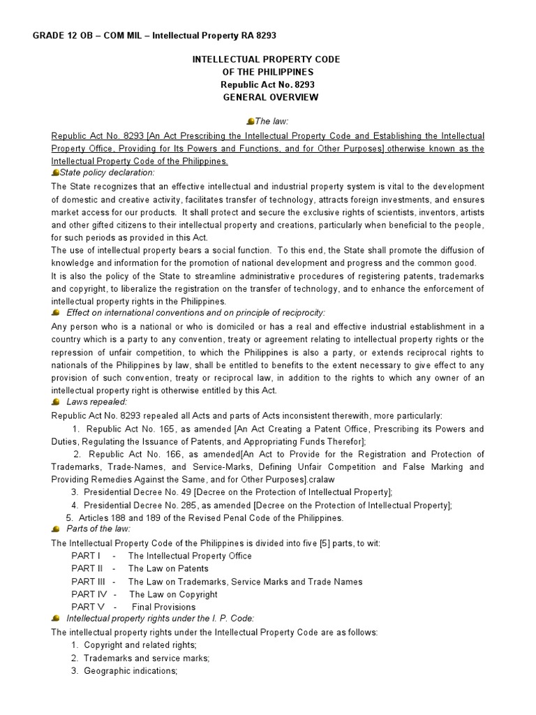 GRADE 12 OB – COM MIL – Intellectual Property RA 8293 | PDF ...