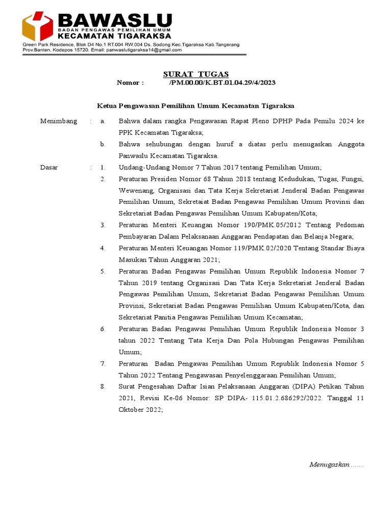 1 Surat Tugas Pengawasan Rapat Pleno Ke PPK TGL 02 April 2023 | PDF