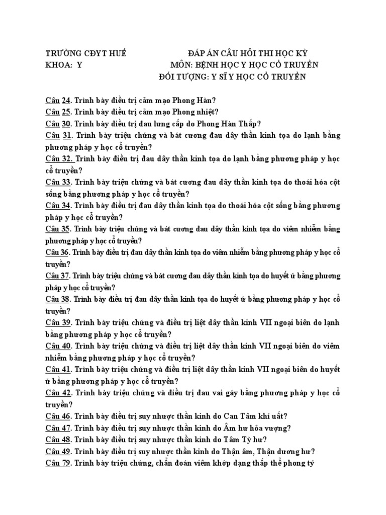 bệnh học yhct ĐÁP ÁN CÂU HỎI THI HỌC KỲ | PDF