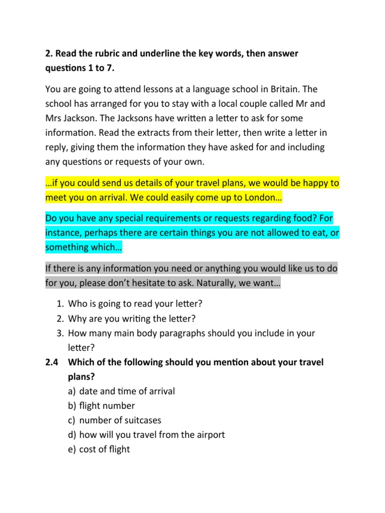 Read The Rubric and Underline The Key Words, Then Answer Questions 1 To ...