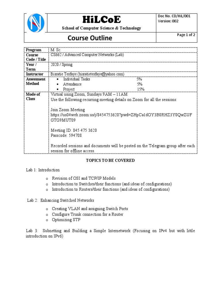 Advanced Computer Networks (Lab) CS622 - Course Outline | PDF | Art ...