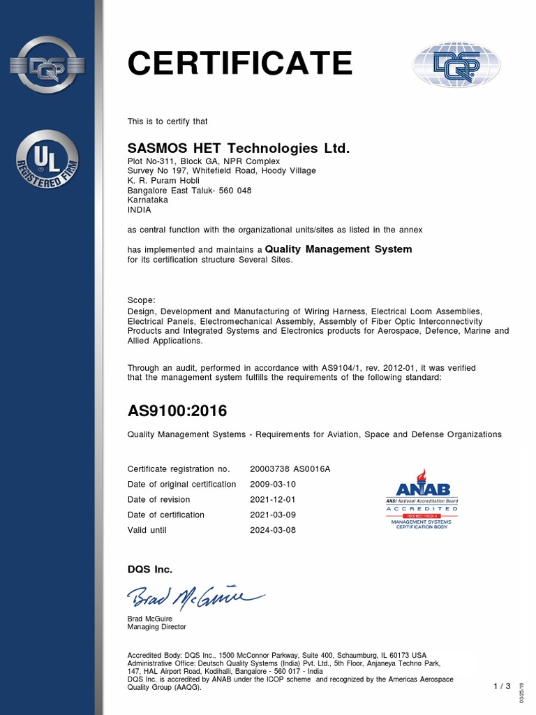 AS9100 2016 Certificate Valid Till 2014 | PDF | Bangalore | Business