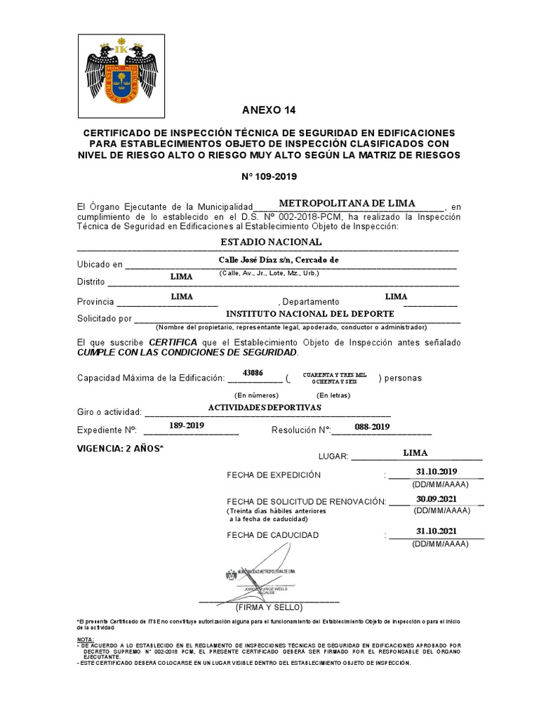 19 Anexo 14 Certificado de ITSE Previa | PDF | Lima | Gobierno