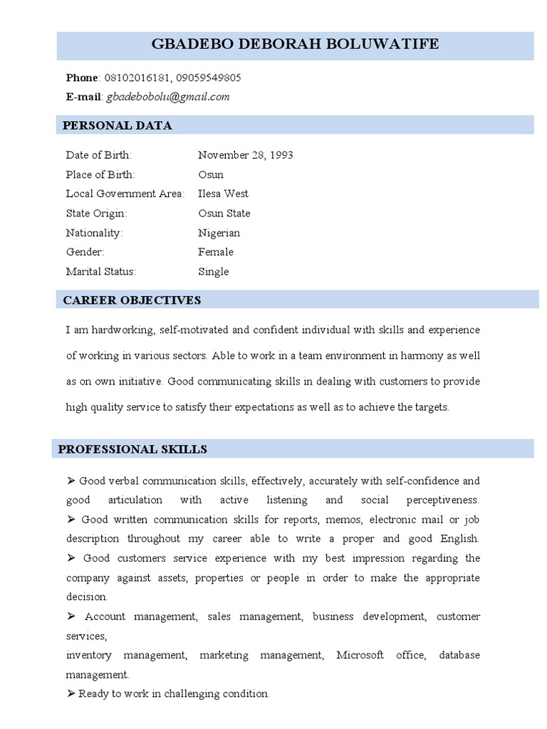 Gbadebo Deborah Boluwatife CV - 043012 | PDF | Communication | Business