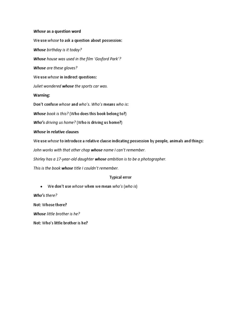Understanding the Question Word "Whose" | PDF