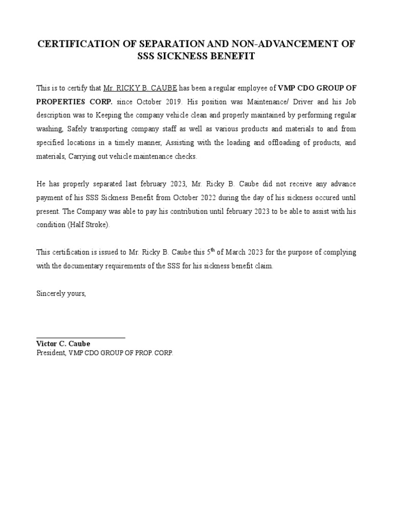 SSS Sickness Benefit Certification for Ricky Caube | PDF