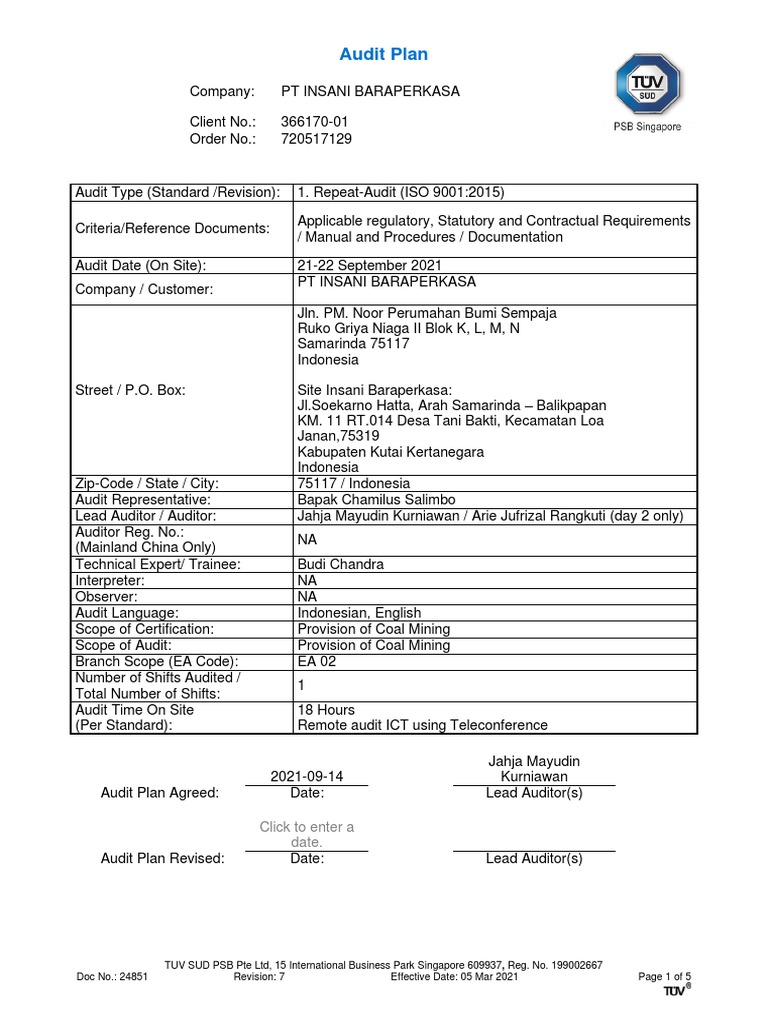 438.audit Plan 1st Renewal Insani Baraperkasa ISO 9001 2015 | PDF ...