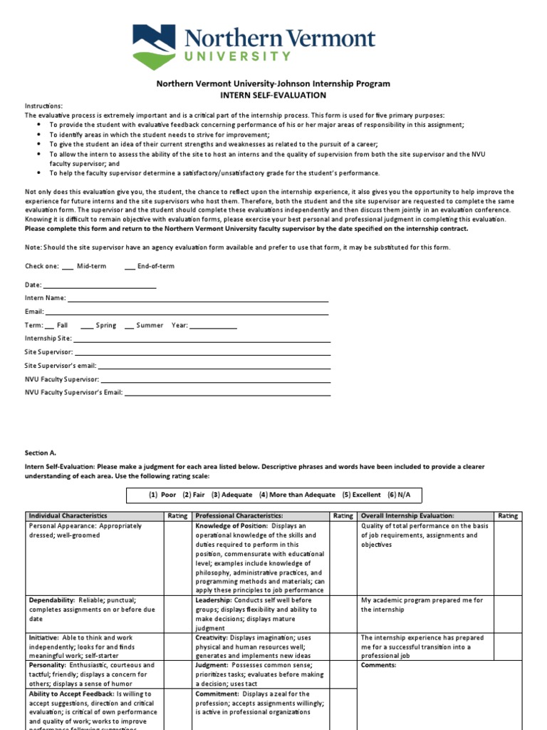 Intern Self-Evaluation Form | PDF | Evaluation | Job Hunting