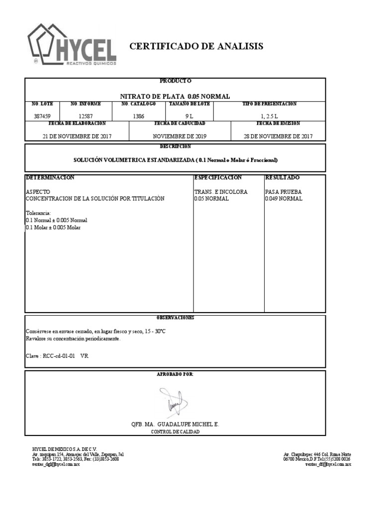 Certificado de Análisis-Nitrato de Plata 0,05 Normal-1386-387459-Hycel ...