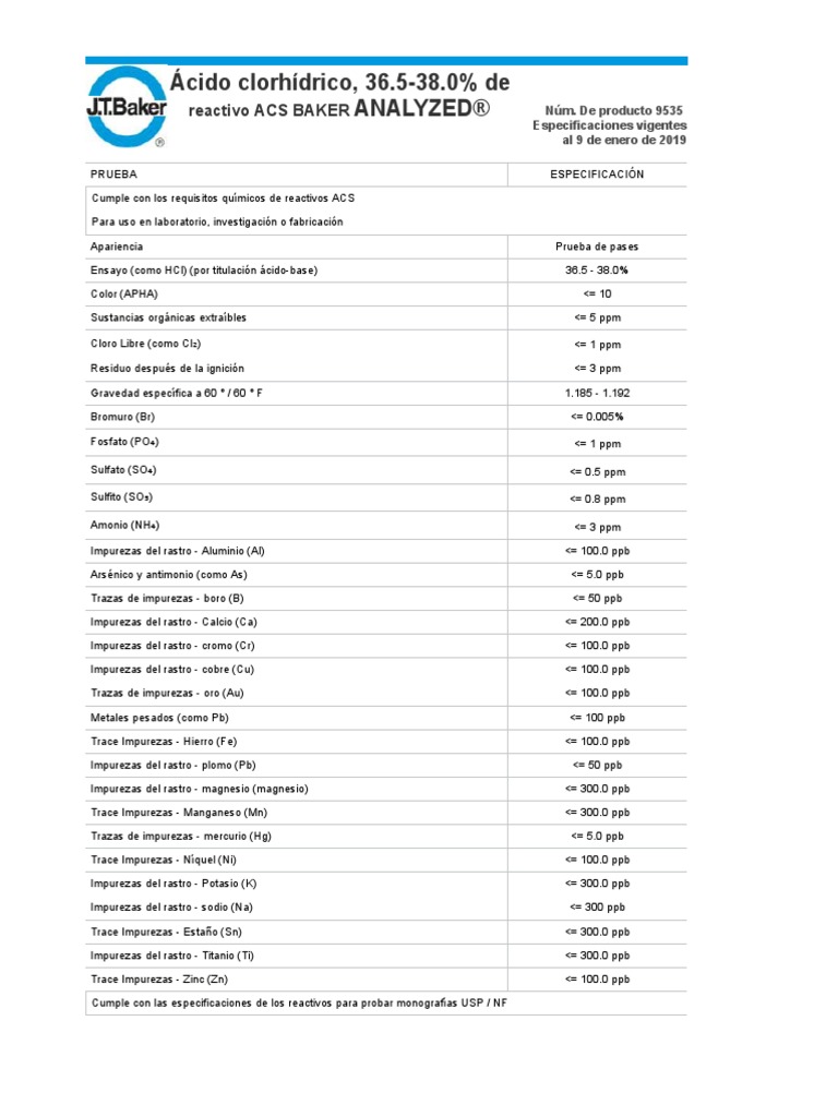 Certificado de Análisis-Ácido Clorhídrico ACS-JT Baker | PDF | Ácido clorhídrico | Dirigir