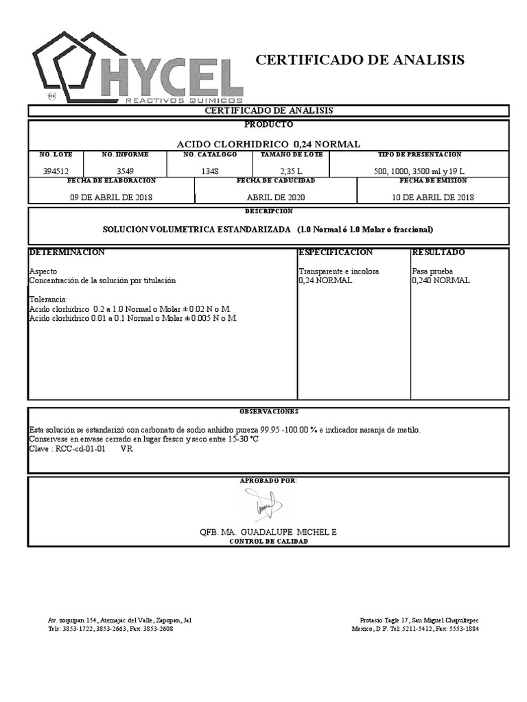 Certificado de Análisis-Ácido Clorhídrico 0,24 Normal-1348-394512-Hycel ...