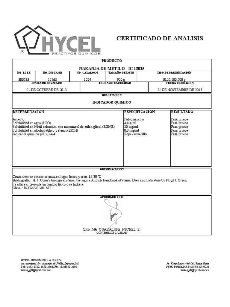 Certificado de Análisis-Naranja de Metilo-1024-300583-Hycel | PDF ...