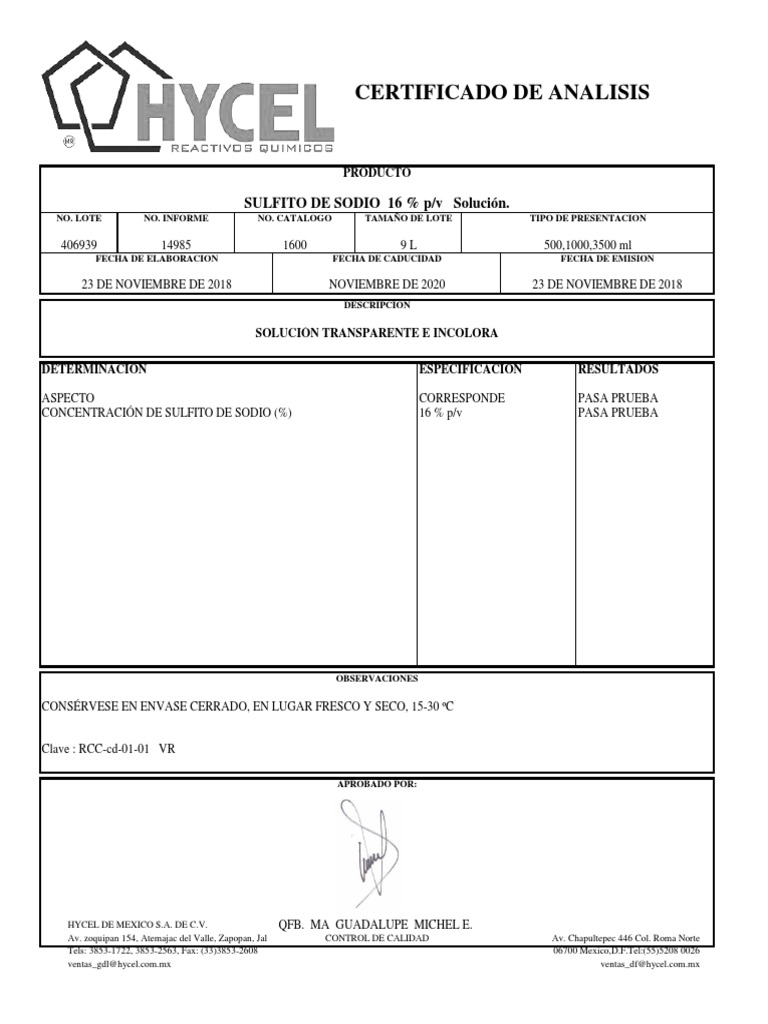 Certificado de análisis-Sulfito de sodio 16% pv-1600-406939-Hycel | PDF