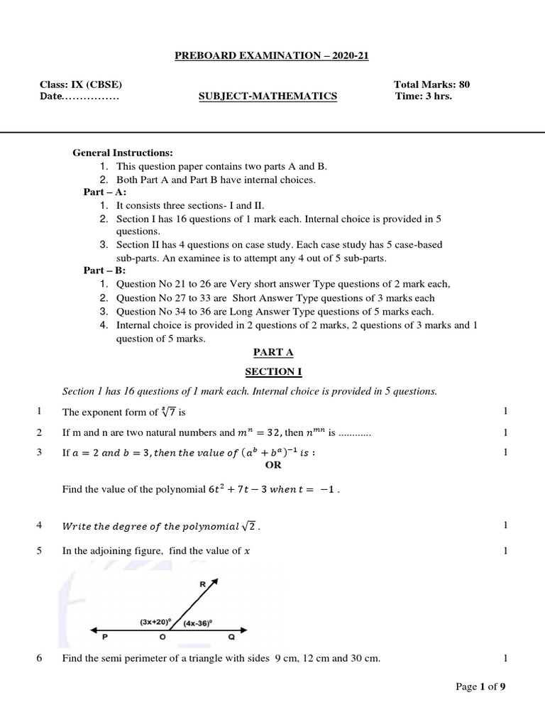 1qp Class Ix Mathematics | PDF | Area | Triangle