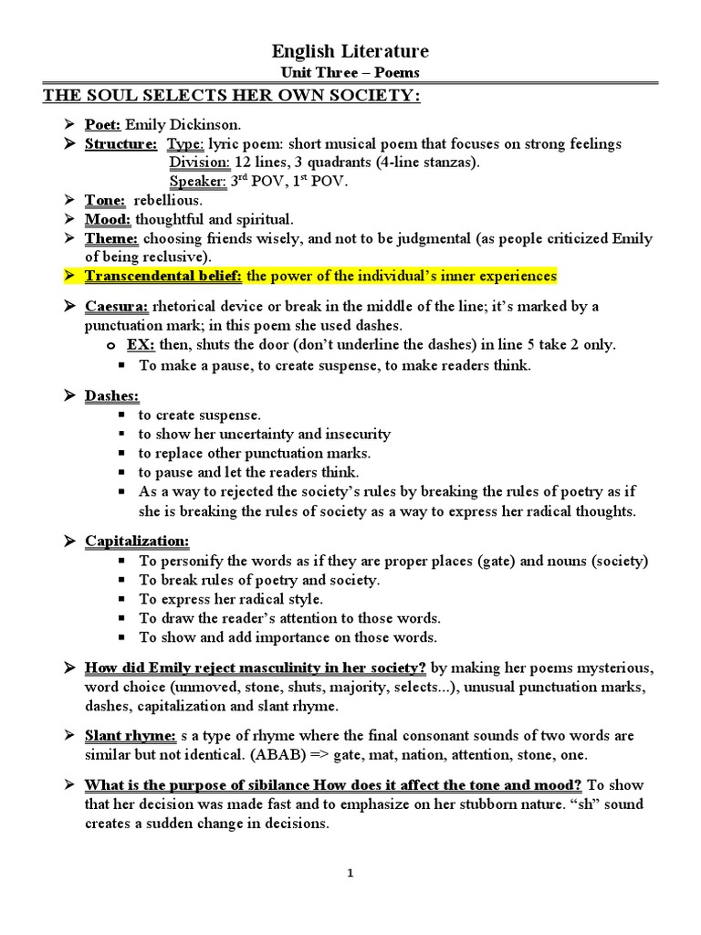 Emily Dickinson's "The Soul Selects" Analysis | PDF | Poetry | Rhyme