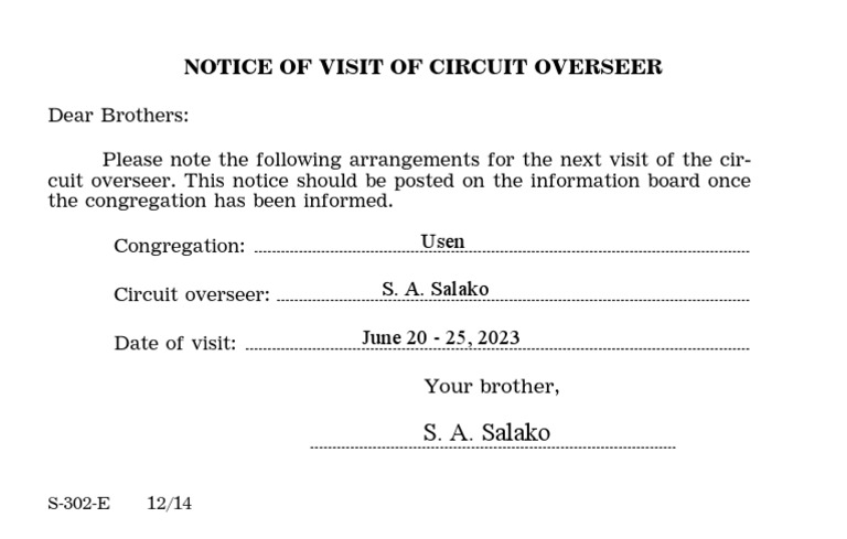 Circuit Overseer's Visit Notice | PDF | Business