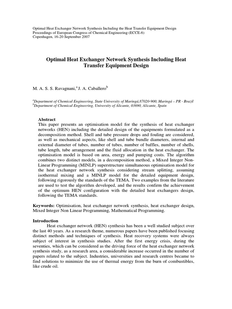 Optimal Heat Exchanger Network Synthesis Including Heat Transfer Equipment Design | PDF | Heat ...
