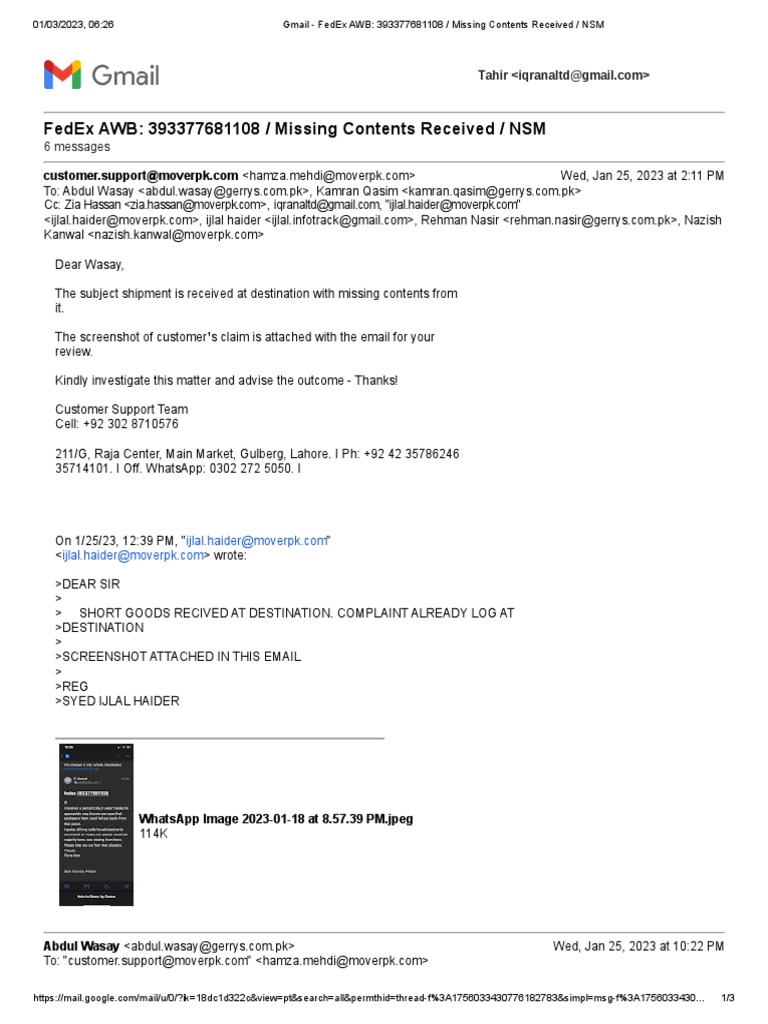 Gmail - FedEx AWB - 393377681108 - Missing Contents Received - NSM | PDF