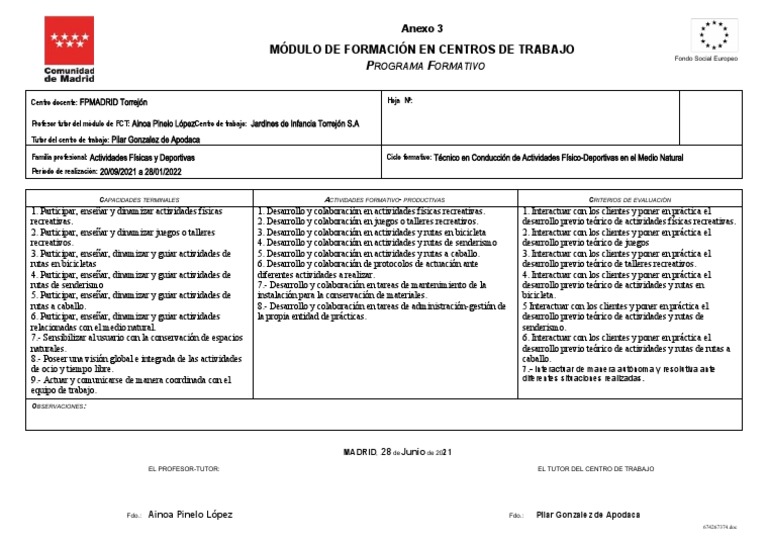FP Fcts Anexo3 Programa Formativo TECO | PDF