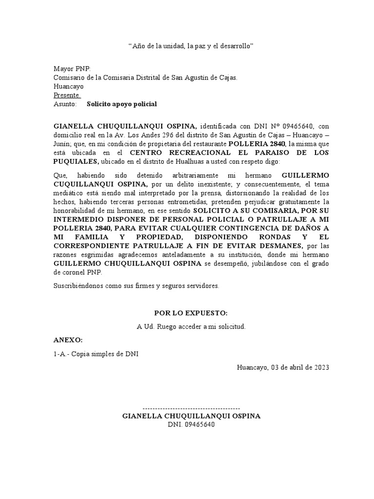 Solicitud de Apoyo Policial en Cajas | PDF