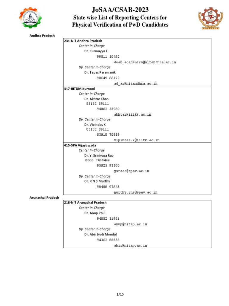 Josaa/Csab-2023: State Wise List of Reporting Centers For Physical Verification of PWD ...