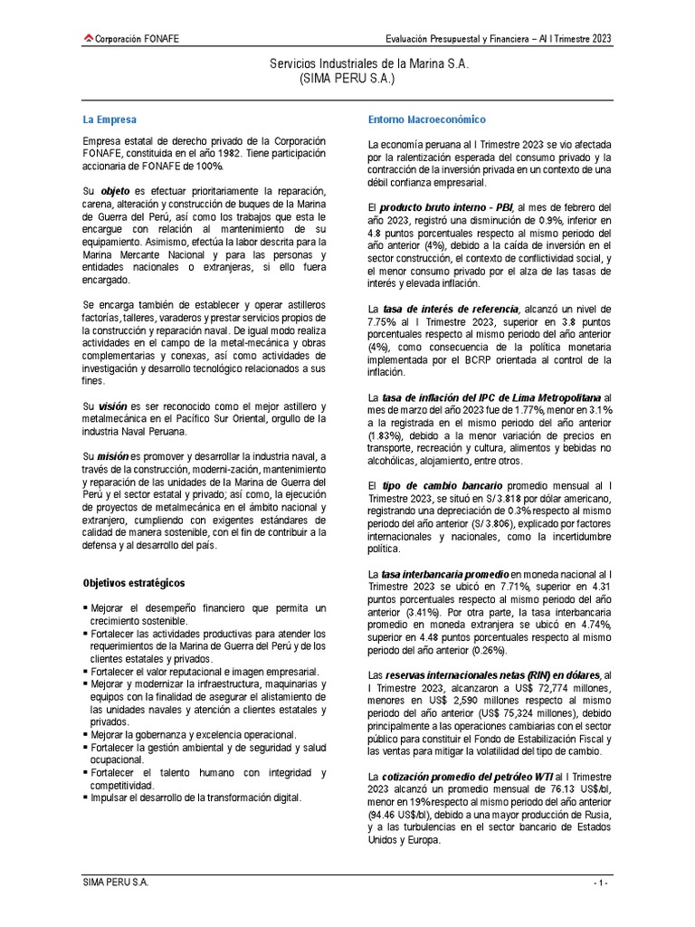 Evaluación Financiera SIMA PERÚ Q1 2023 | PDF | Economias | Dinero