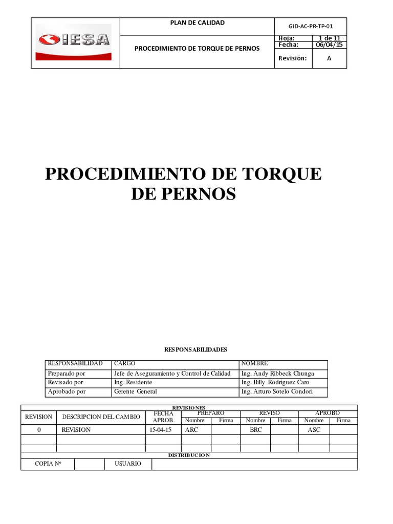 Procedimiento de Torque de Pernos | PDF | Tornillo | Metalurgia