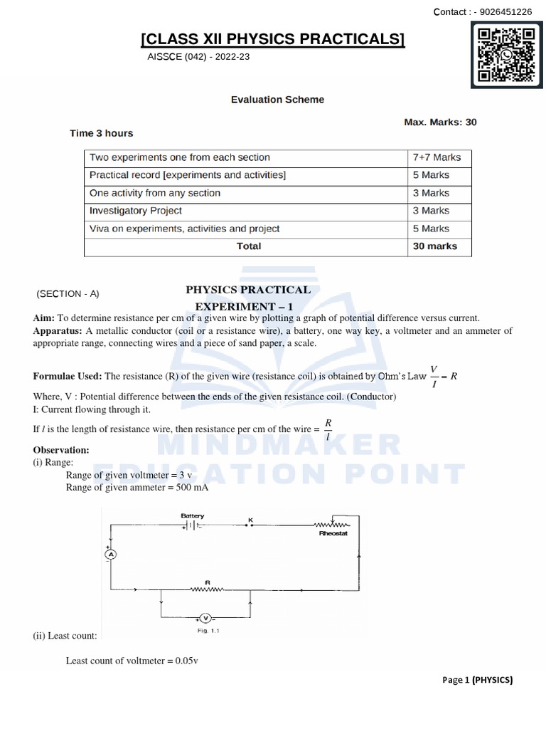 Physics 12th Practicals File 2022-23 | PDF