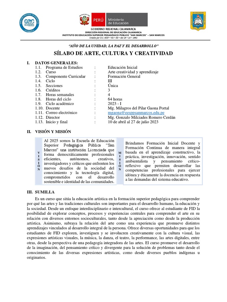 SILABO DE ARTE, CREATIVIDAD Y APRENDIZAJE | PDF | Evaluación | Maestros