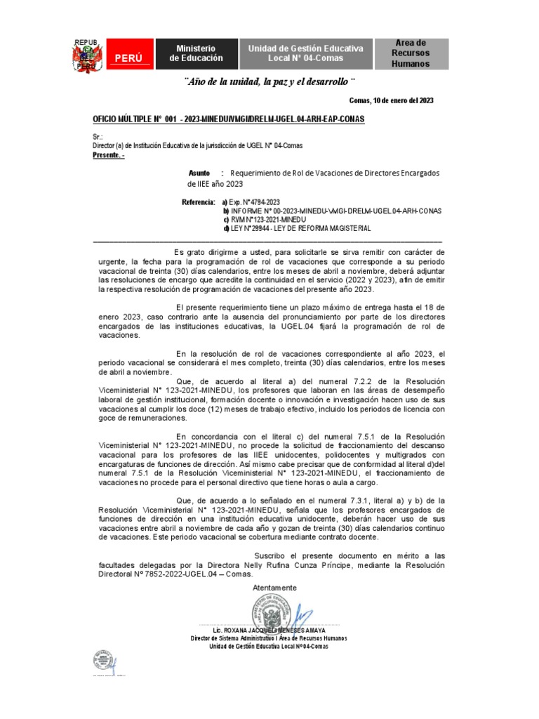 Oficio Multiple N°001-2023 Requerimiento de Rol de Vacaciones de Directores Encargados Iiee 2023 ...