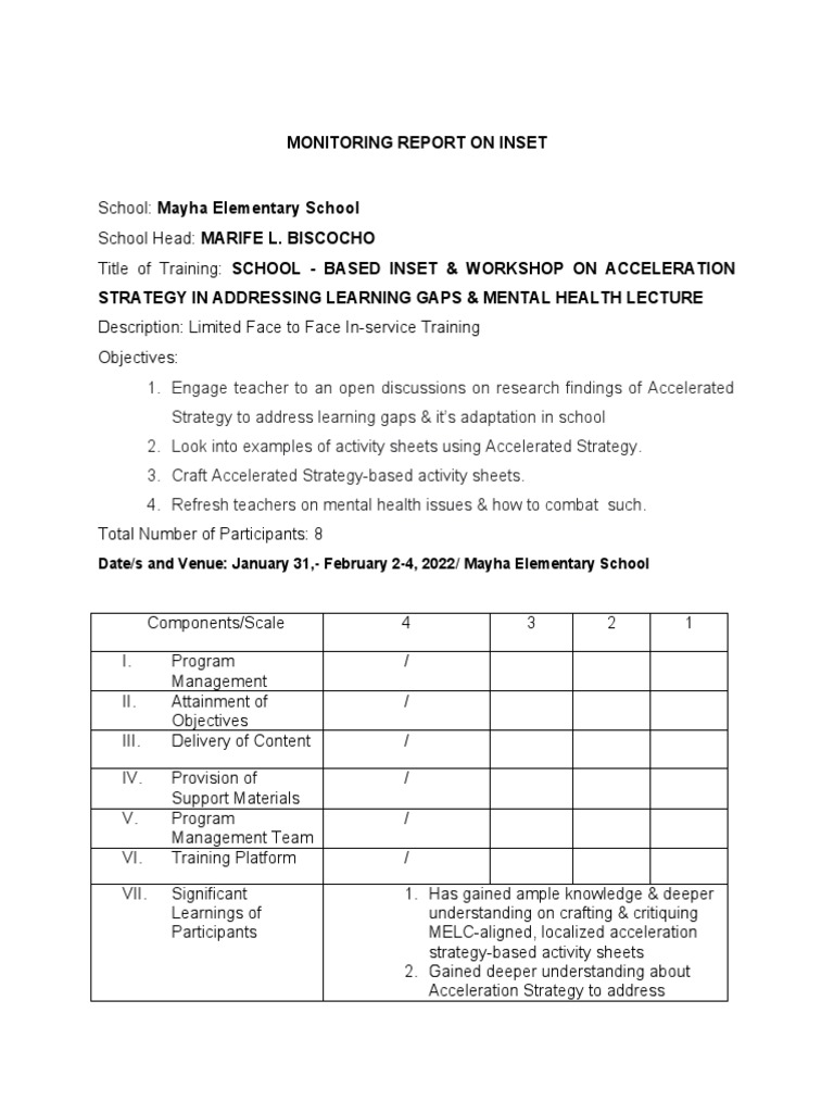 2022 INSET Monitoring and Evaluation Report | PDF | Learning ...