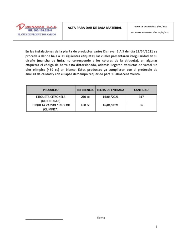 Acta para Dar de Baja Material | PDF