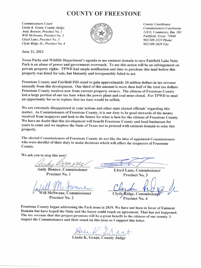 Freestone County Commissioners Court Letter To Texas Parks and Wildlife ...