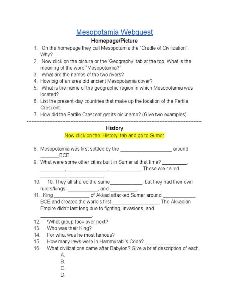 Mesopotamia Webquest | PDF | Mesopotamia | Sumer